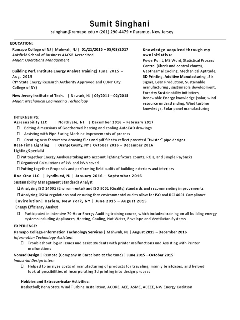 Sumit Singhani Resume' | PDF | Energy Development | Nature