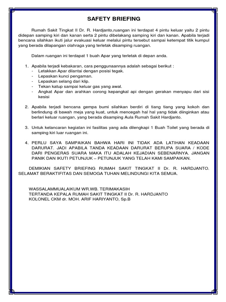 Safety Briefing RS Dr. Hardjanto | PDF | Griya & Taman | Kesehatan Holistik