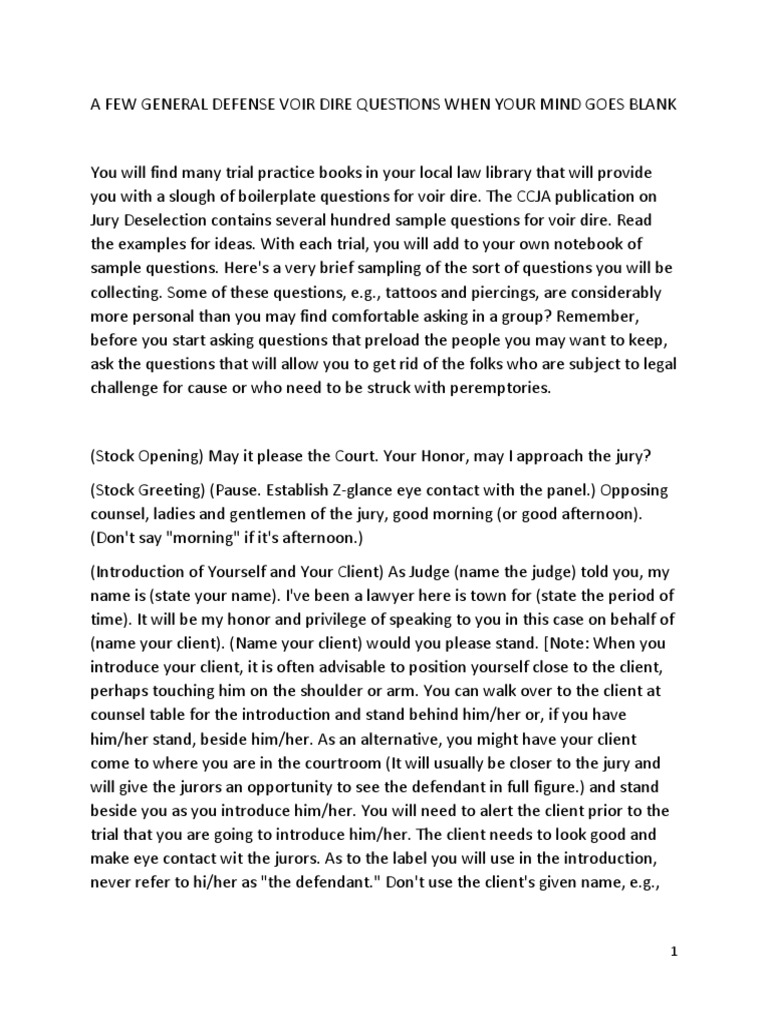 A Few General Defense Voir Dire Questions When Your Mind Goes Blank ...