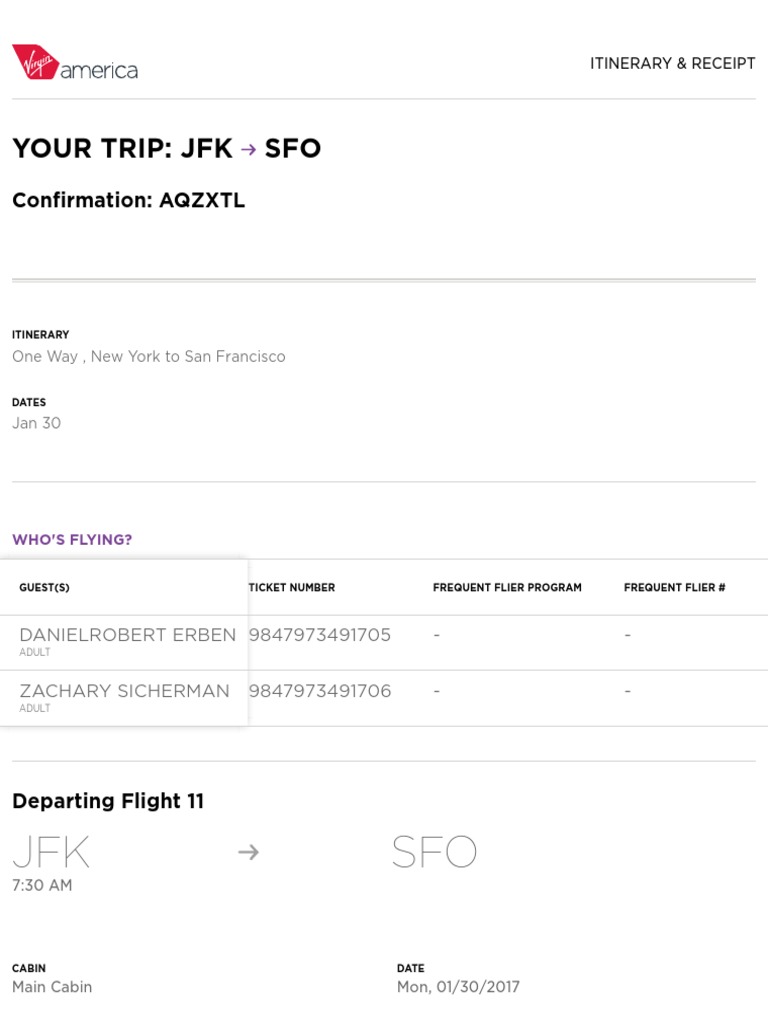 One Way Flight Itinerary and Receipt from New York to San Francisco for ...