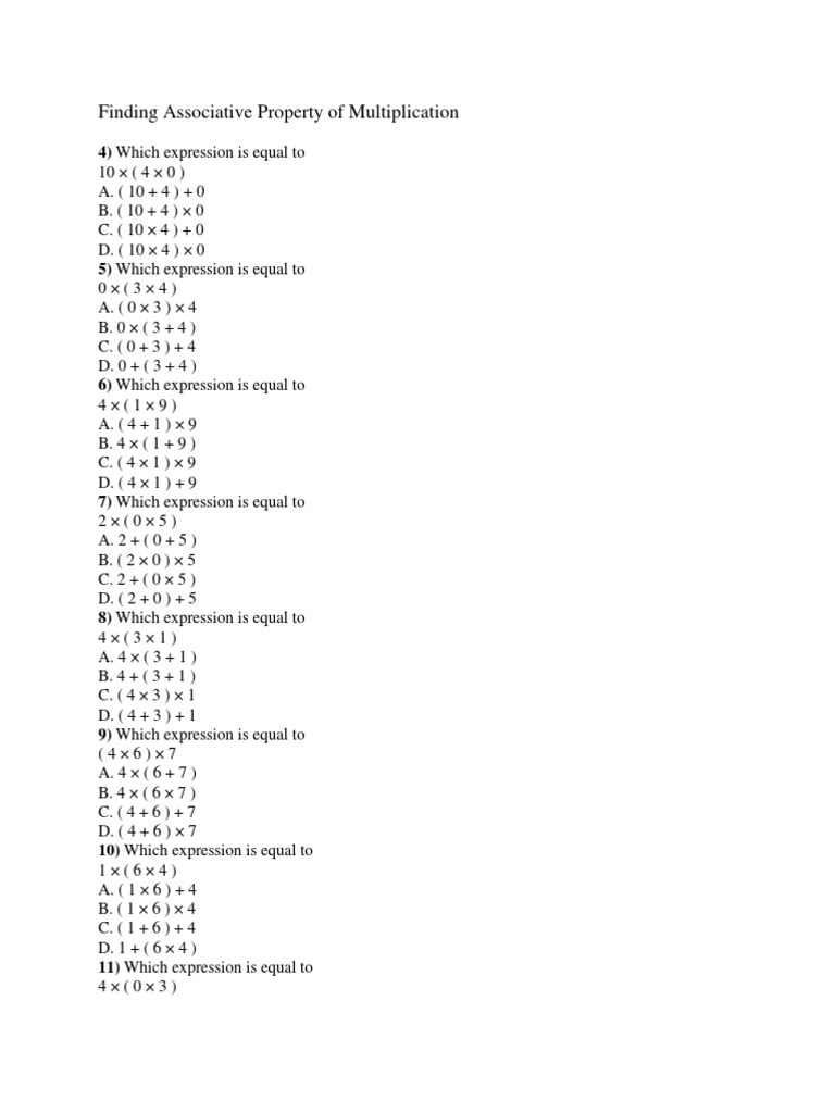 Work Sheet Associative Property | PDF | Teaching Mathematics