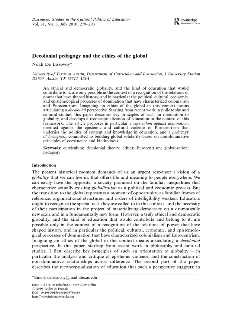Lissovoy - Decolonial Pedagogy and The Ethics of The Global | PDF | Postcolonialism | Curriculum