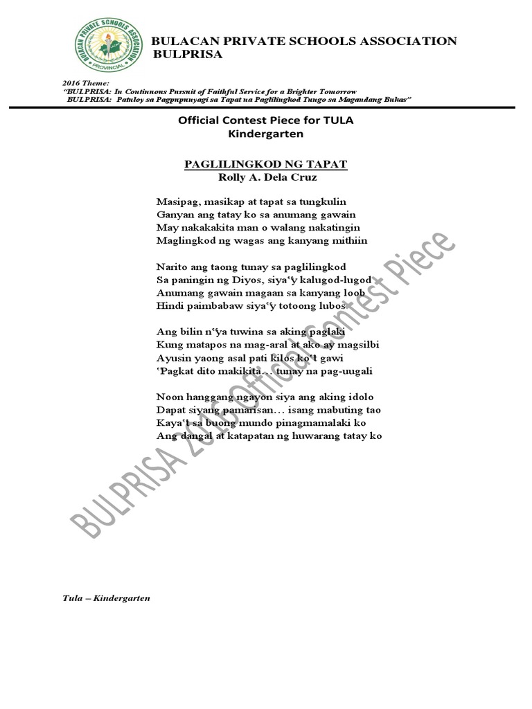 2016 Official Contest Pieces In Tula And Declamation Pdf