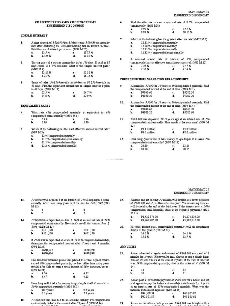 Engineering Economy Exam Problems | PDF | Depreciation | Interest