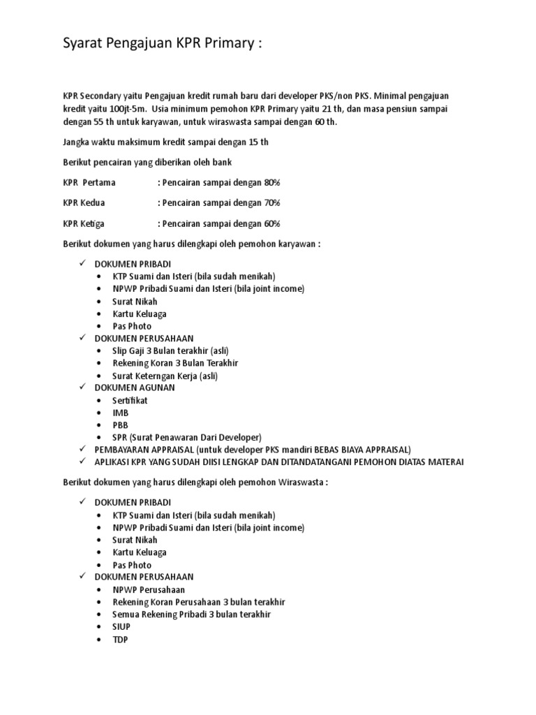 Syarat Pengajuan KPR MGM, Tkover, Primary, Second | PDF | Hukum