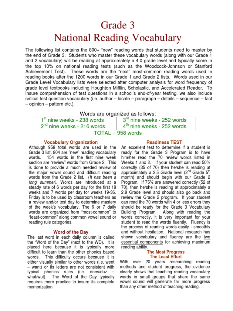 Grade 3 National Vocabulary List PDF | PDF | Phonics | Teachers