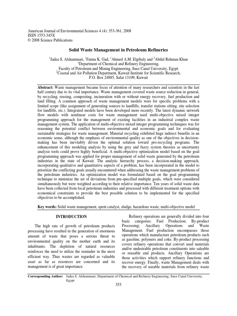 Solid Waste Management in Petroleum Refineries | PDF | Waste Management ...