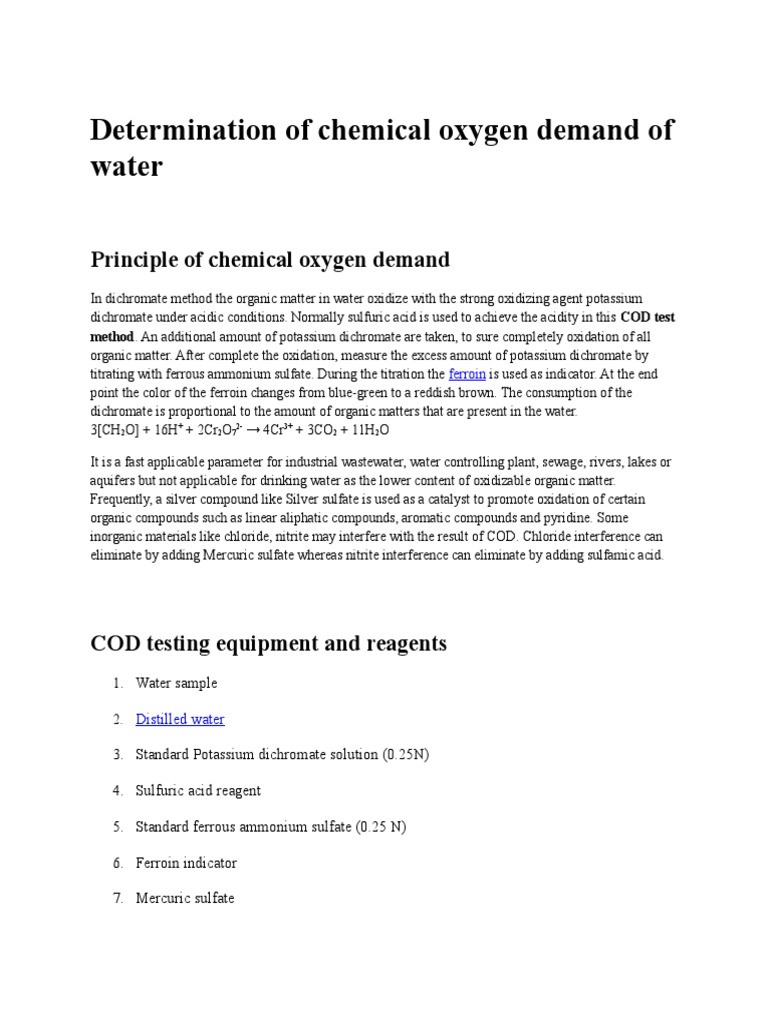 Determination of COD From Supplied Sample. | PDF | Chemical Substances ...