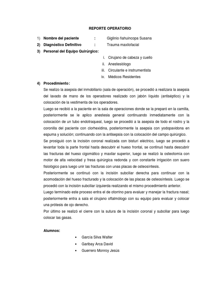 Reporte Operatorio | PDF | Cirujano | Cirugía