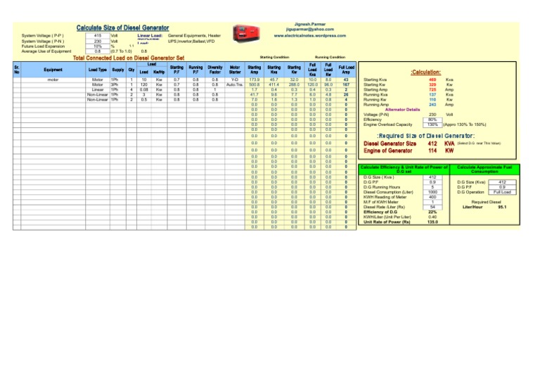 Calculate Size of Diesel Generator: Total Connected Load On Diesel ...
