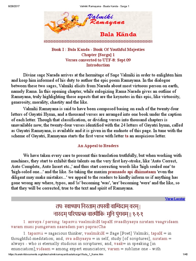 Valmiki Ramayana - Baala Kanda - Sarga 1 - PDF | PDF | Ramayana | Rama