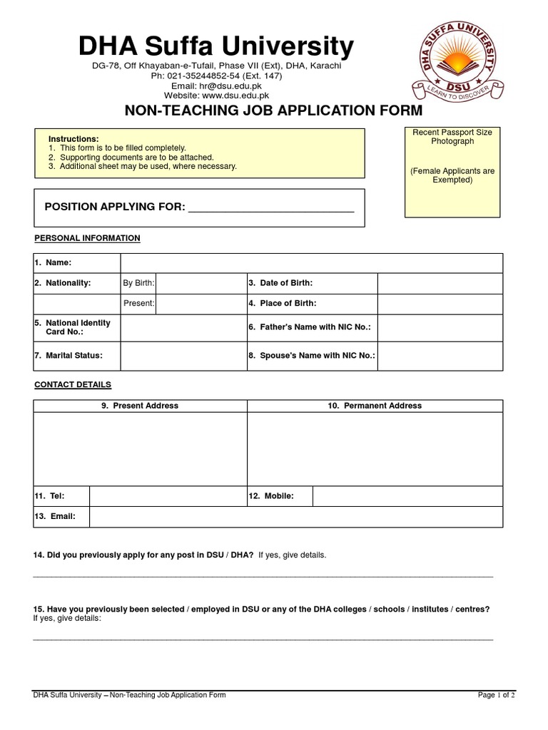Dsu Non Teaching Staff Application Form 27012016 | PDF | Academia | Labour