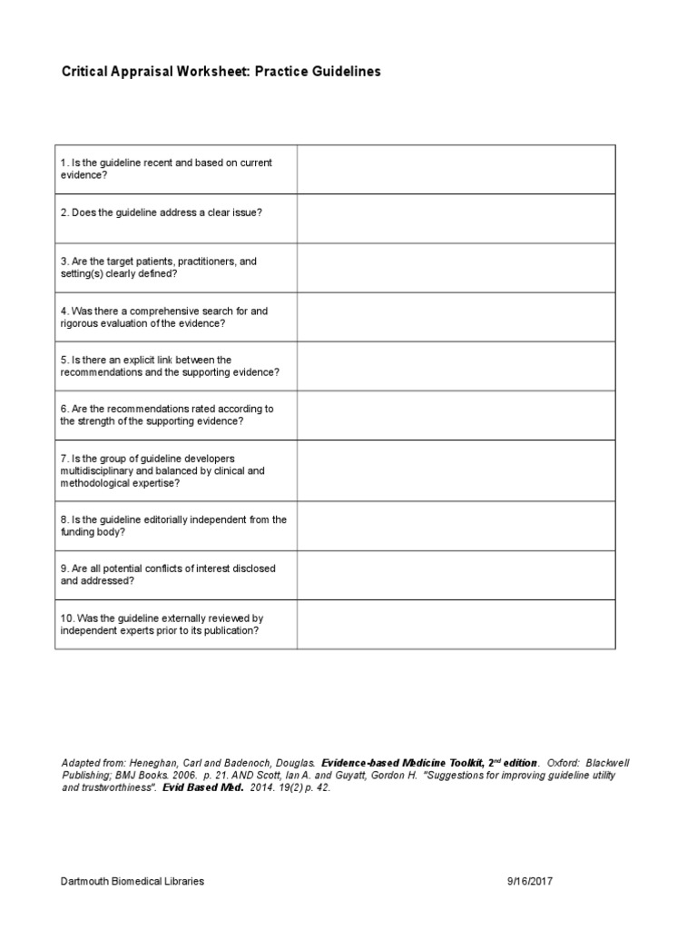 Critical Appraisal Worksheet: Practice Guidelines: Edition. Oxford ...