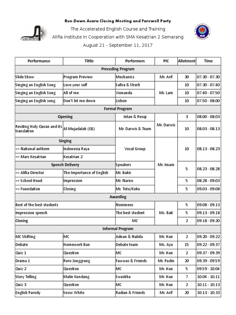 Run-Down Acara Closing Meeting and Farewell Party | PDF | Entertainment ...
