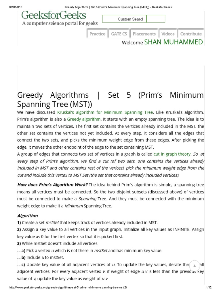 Geeksforgeeks: Greedy Algorithms - Set 5 (Prim'S Minimum Spanning Tree (MST) ) | Download Free ...