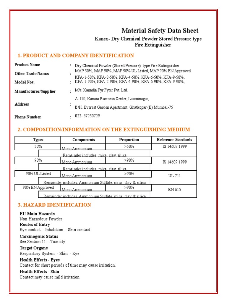 MSDS Stored Pressure Fire Extinguishers | PDF | Personal Protective Equipment | Silicon Dioxide