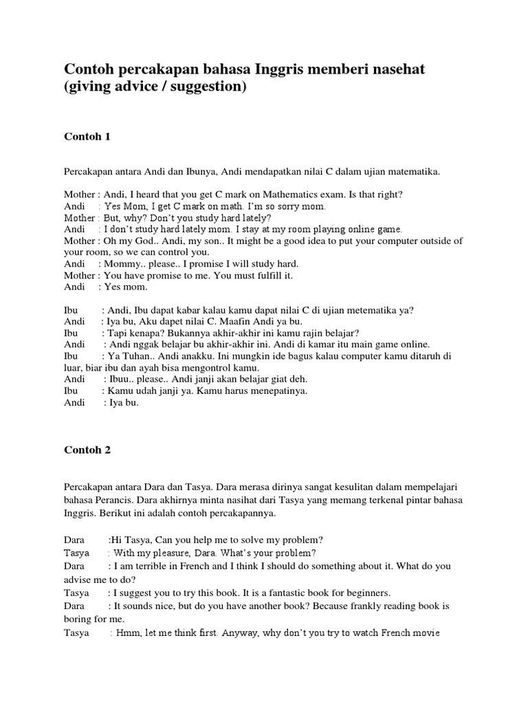 Contoh Percakapan Bahasa Inggris Memberi Nasehat | PDF | Persuasion | Witness