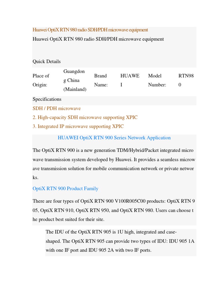 Huawei OptiX RTN 980 Radio SDH | PDF | Physical Layer Protocols ...