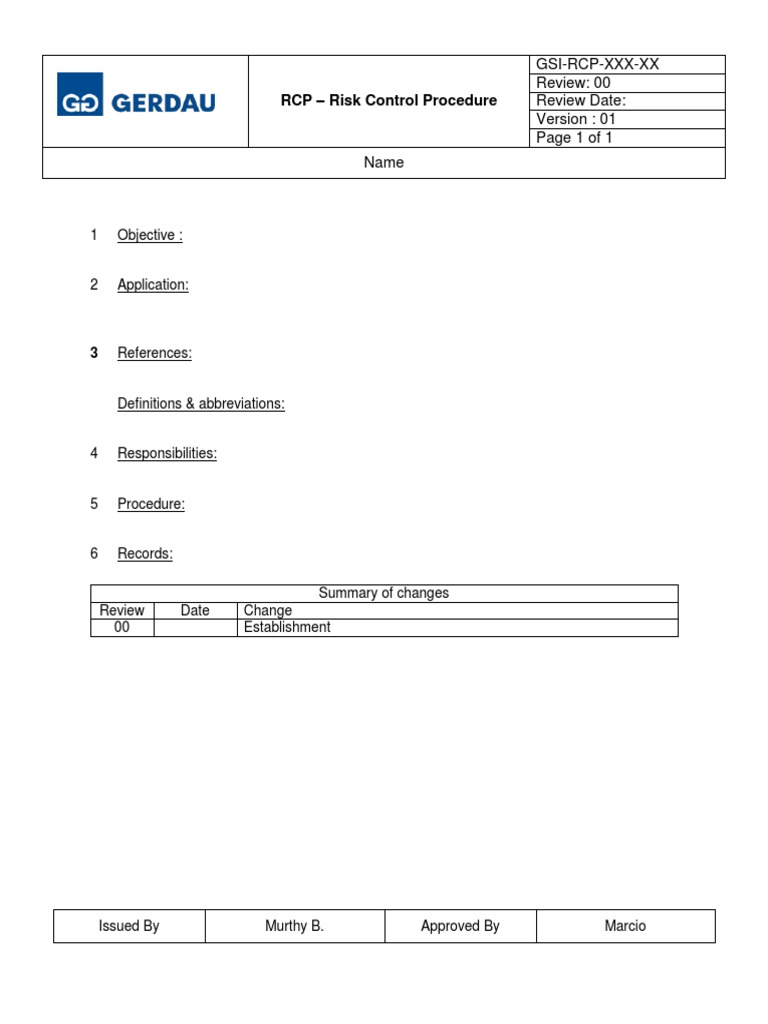 RCP - Risk Control Procedure: 1 Objective | PDF