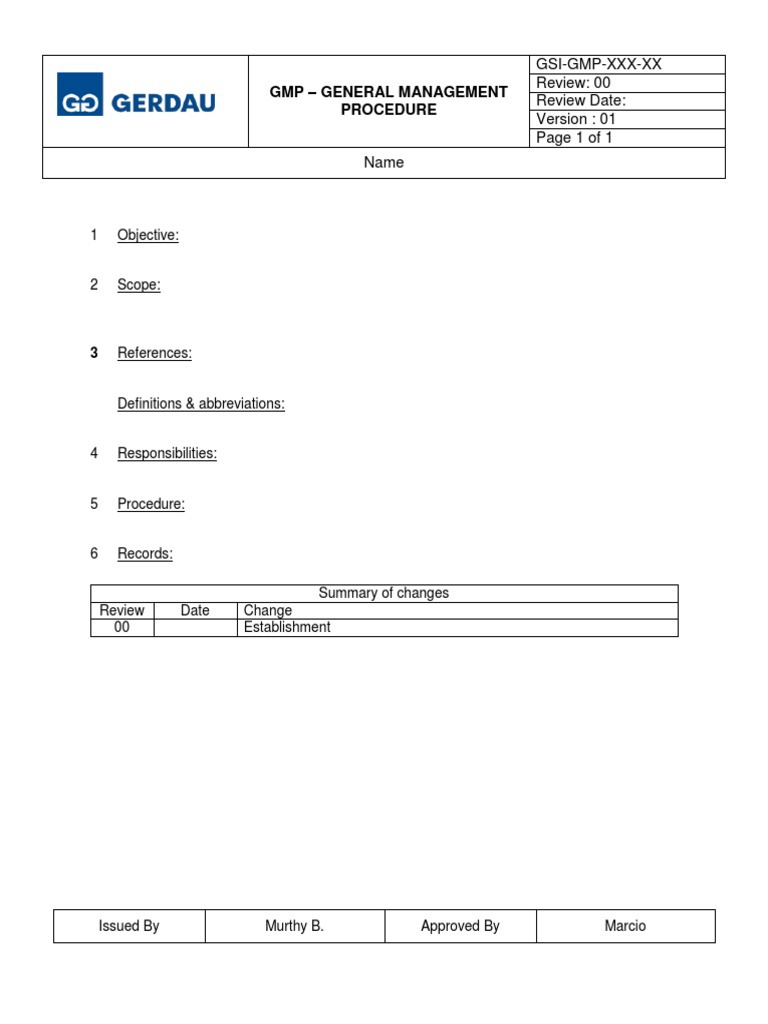 GMP - General Management Procedure: 1 Objective | PDF