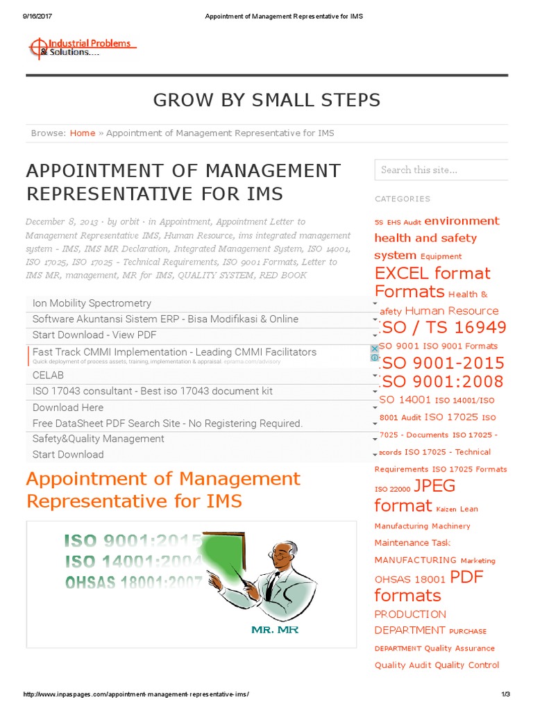 Appointment of Management Representative For IMS | PDF | Iso 9000 | Audit