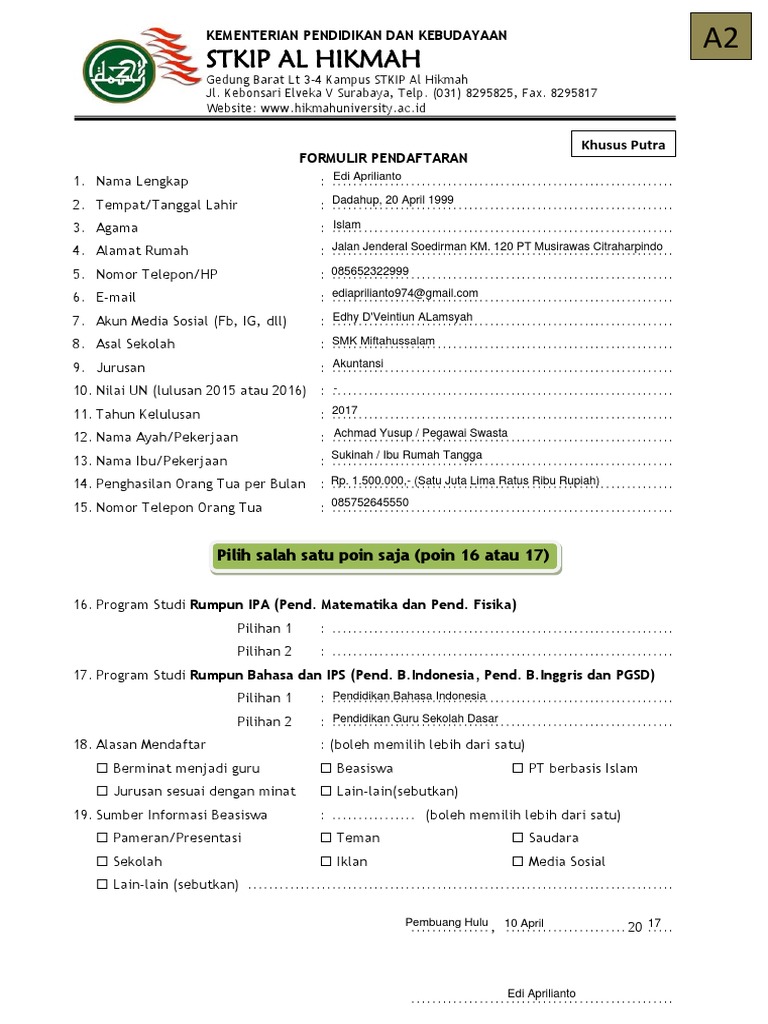 A2. Formulir Pendaftaran Al Hikmah Teachers Institute Fix | PDF