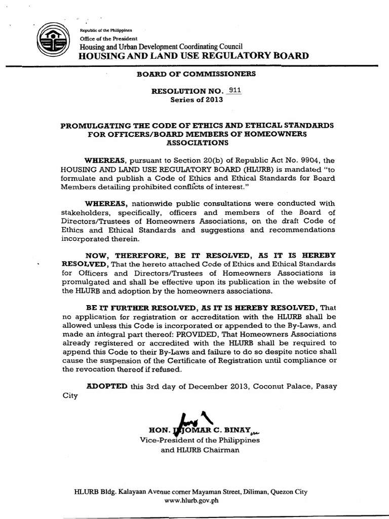 HLURB - Code of Conduct Ethics R-S-911 S. 2013 | PDF | Board Of ...