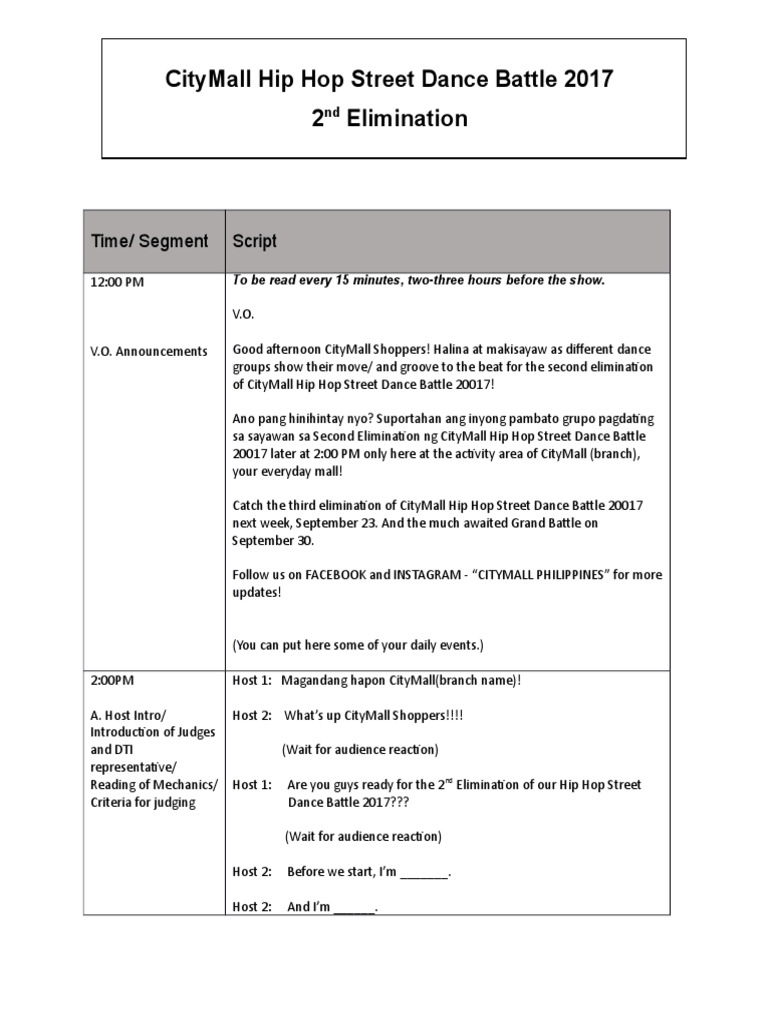 CityMall Hip Hop Street Dance Battle 2017: Script for the Second ...