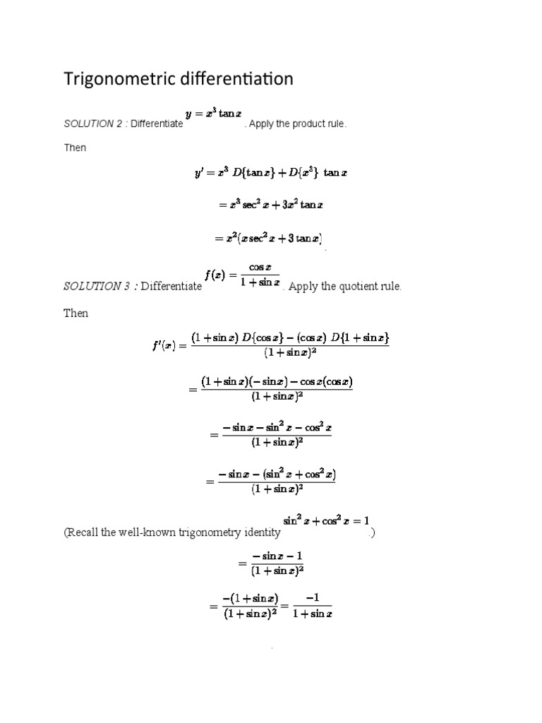 Trigonometric Differentiation Techniques | PDF | Derivative ...