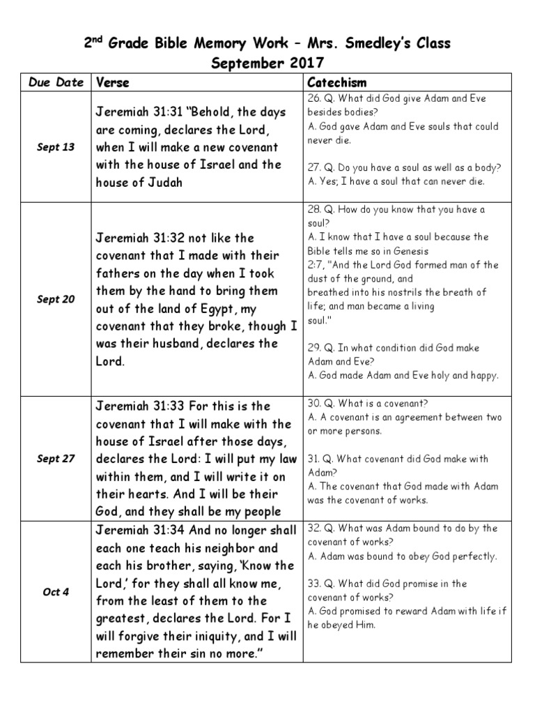 2 Grade Bible Memory Work - Mrs. Smedley's Class September 2017 | PDF ...