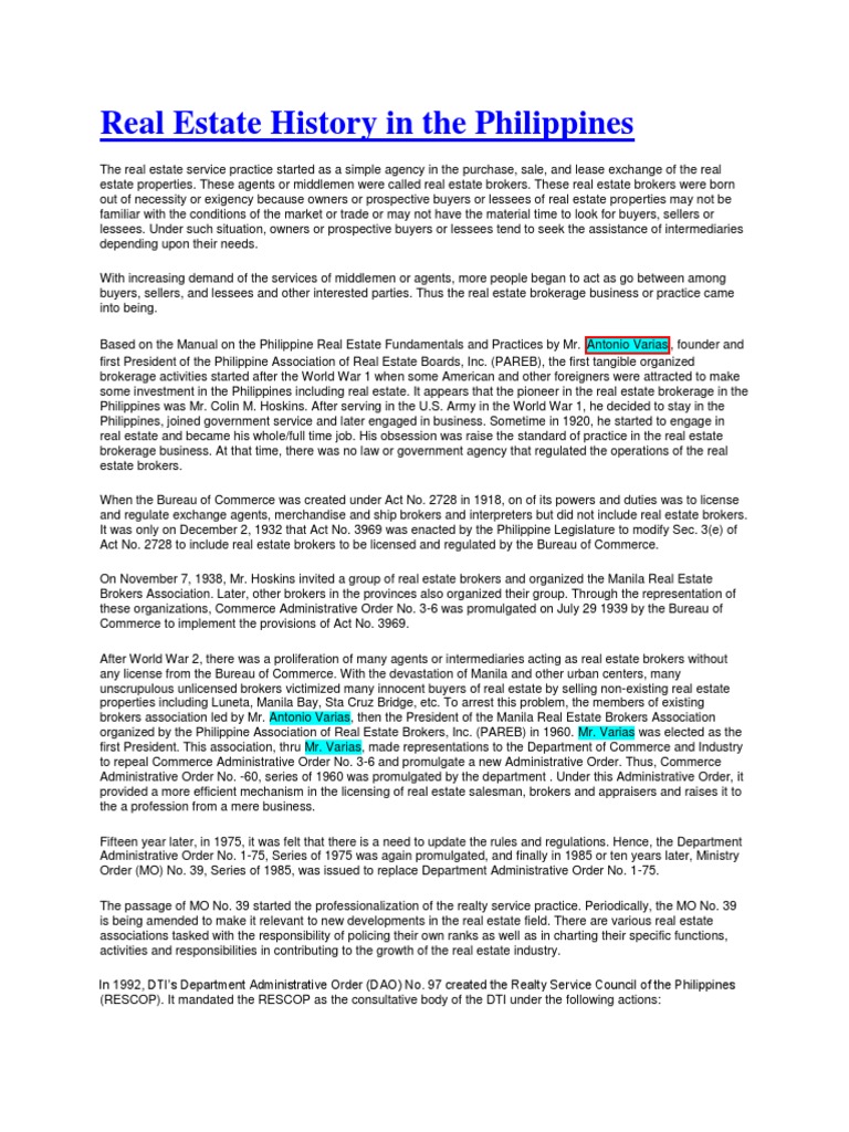 Real Estate History in The Philippines | PDF | Real Estate Broker ...