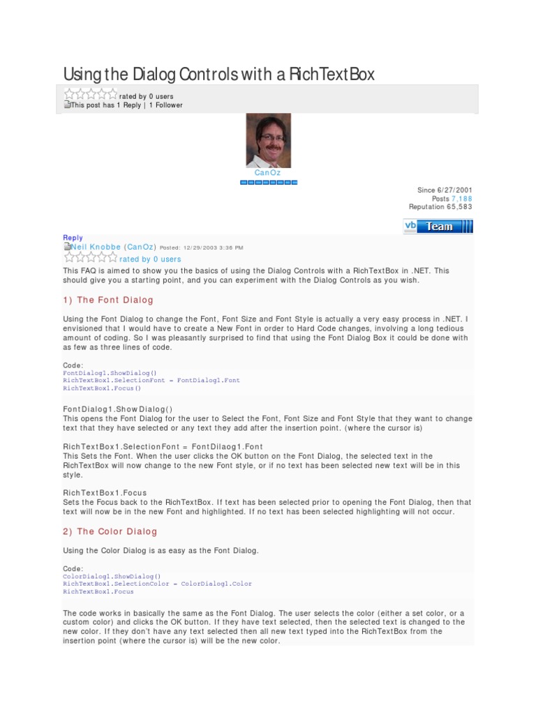 Using The Dialog Controls With A RichTextBox PDF | PDF | Text File | Computer File