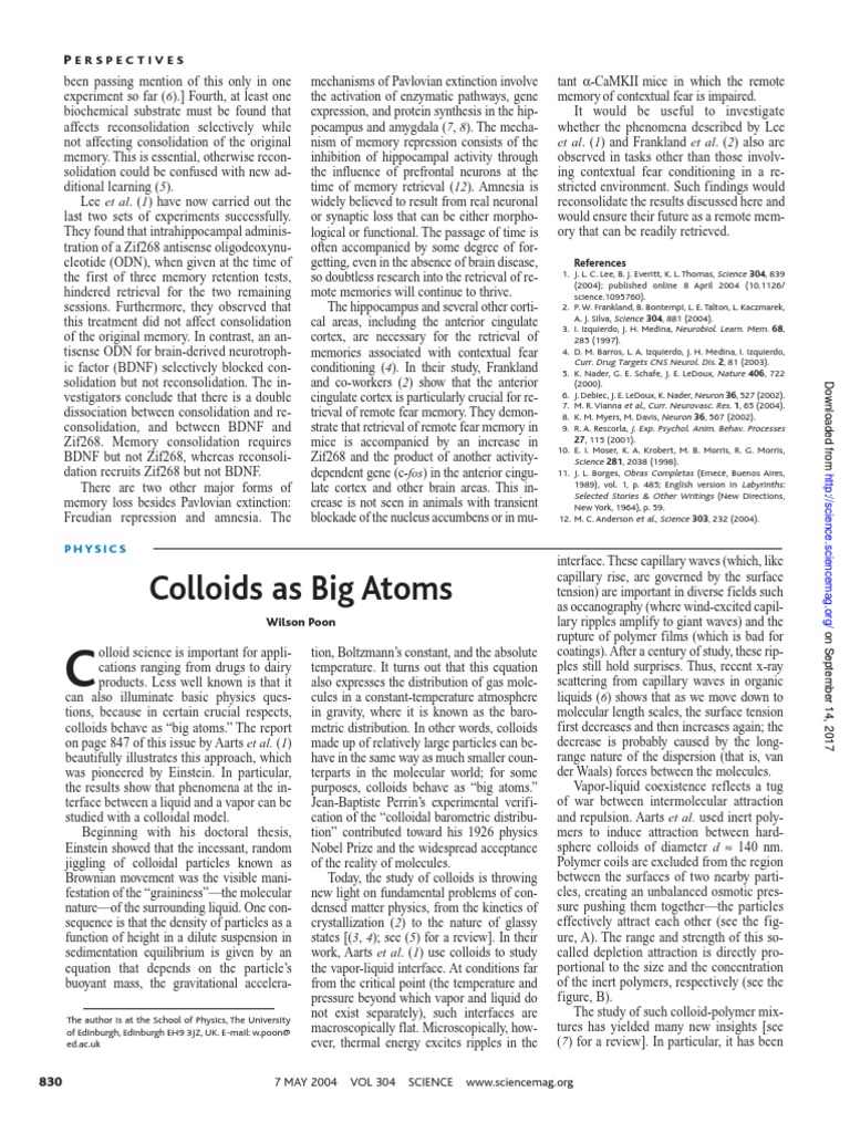 Colloids As Big Atoms | PDF | Colloid | Memory