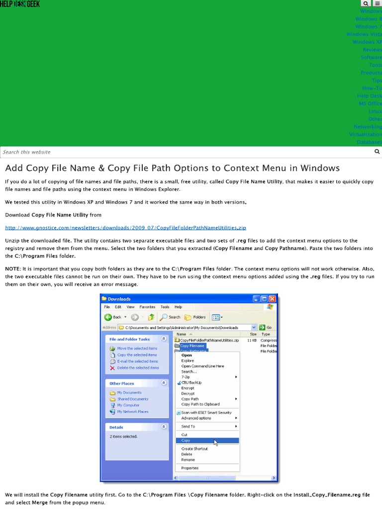 Add Copy File Name & Copy File Path Options To Context Menu in Windows | PDF | Operating System ...