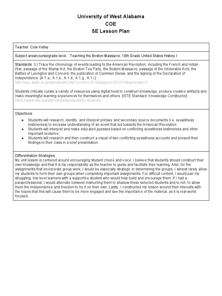 University COE 5E: of West Alabama Lesson Plan | Download Free PDF ...