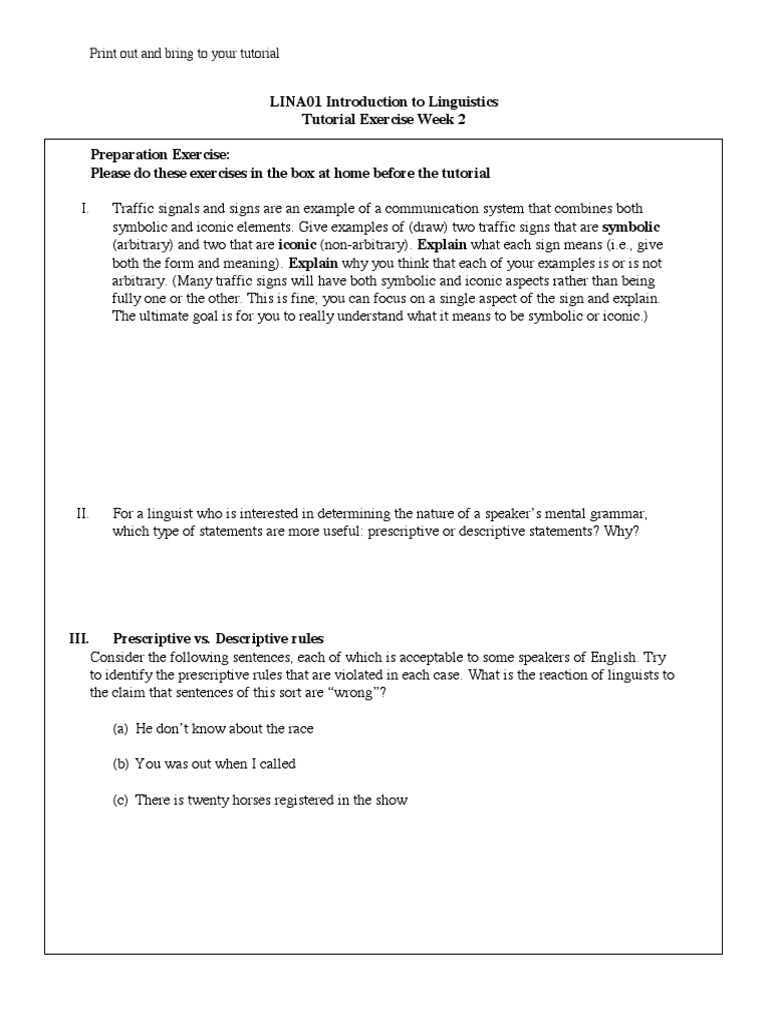 Linguistics tutorial exercises | PDF | Linguistics | English Language