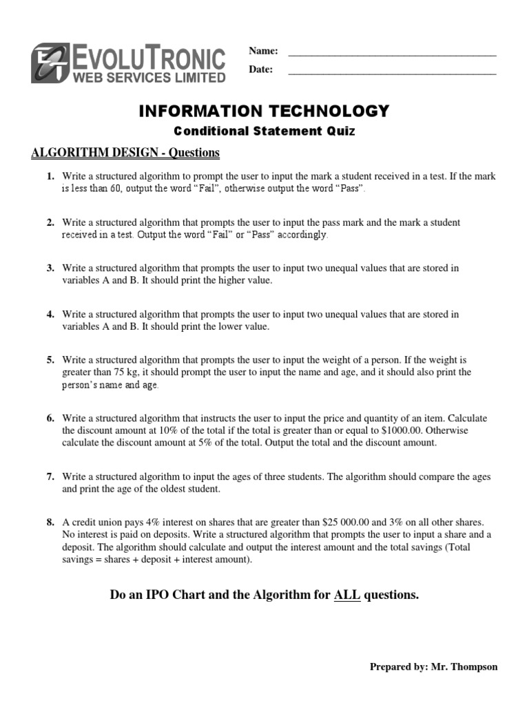 Student quiz conditional algorithms | PDF