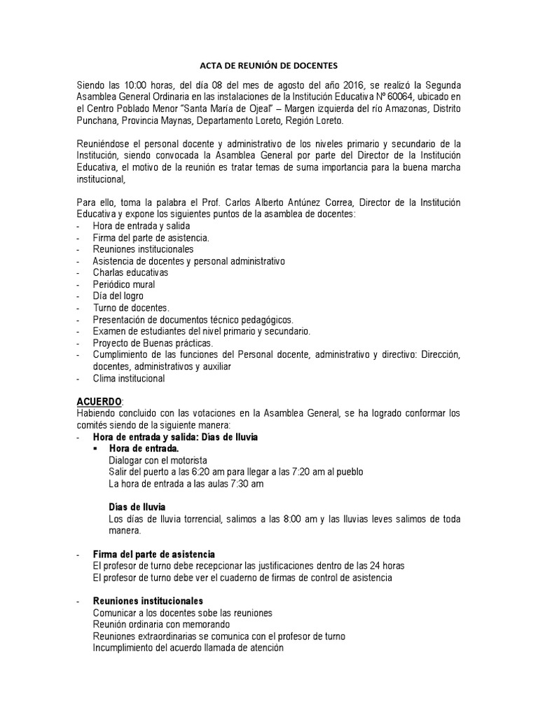 Acta de Reunión de Docentes | Maestros | Educación avanzada