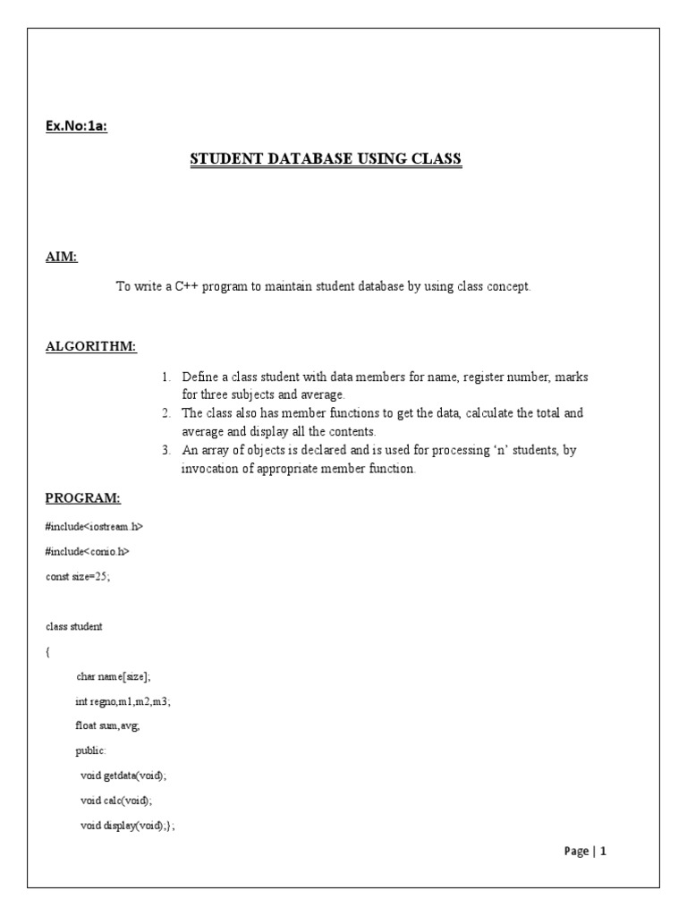 Ex - No:1a: Student Database Using Class: #Include #Include Const Size ...