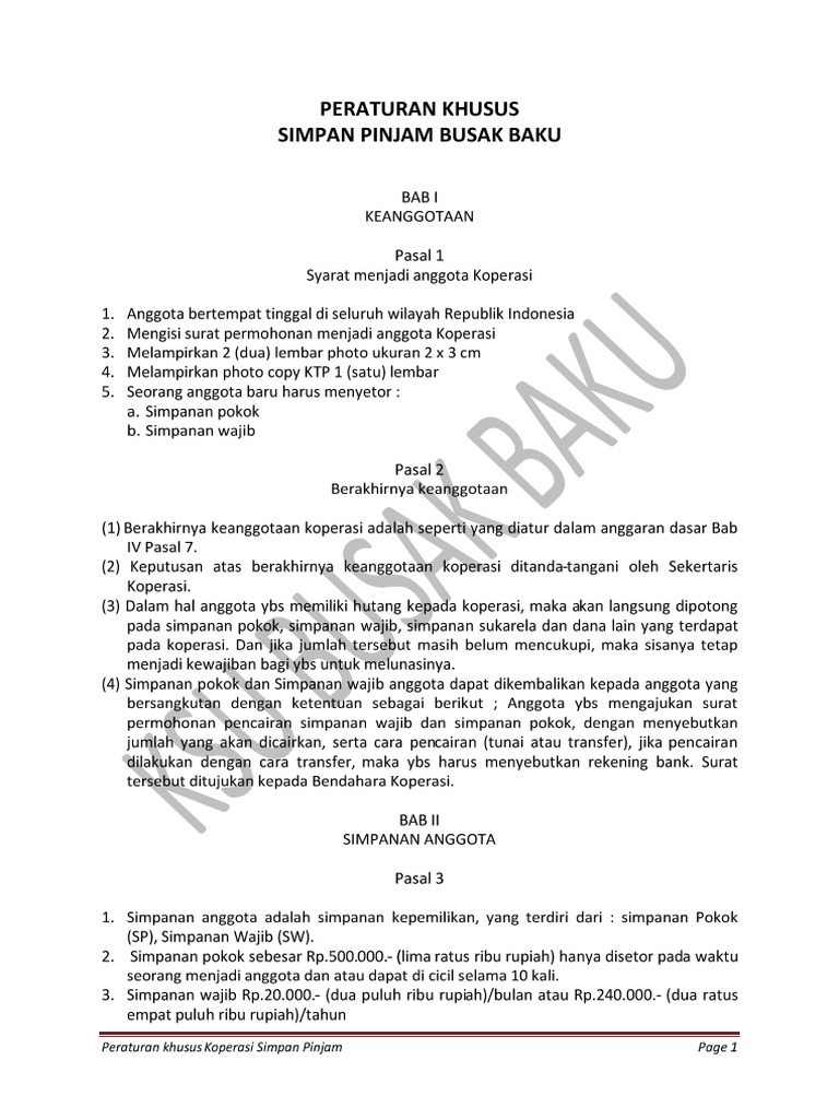Peraturan Khusus Simpan Pinjam Busak Baku | PDF