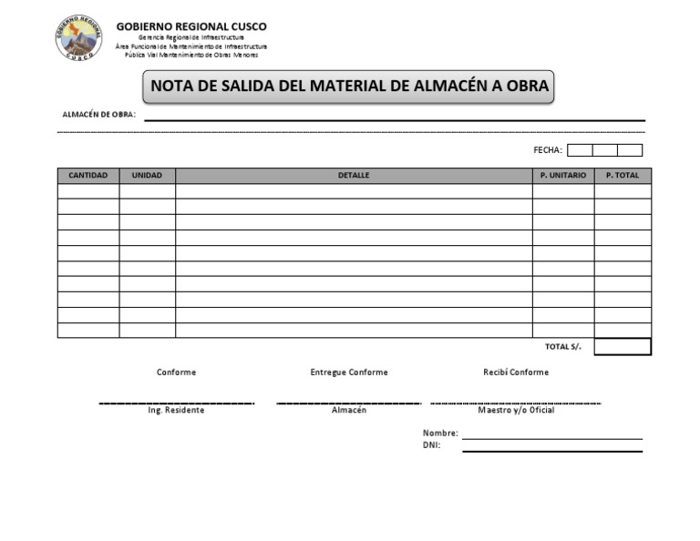 Nota de Salida de Material Del Almacén A Obra | PDF