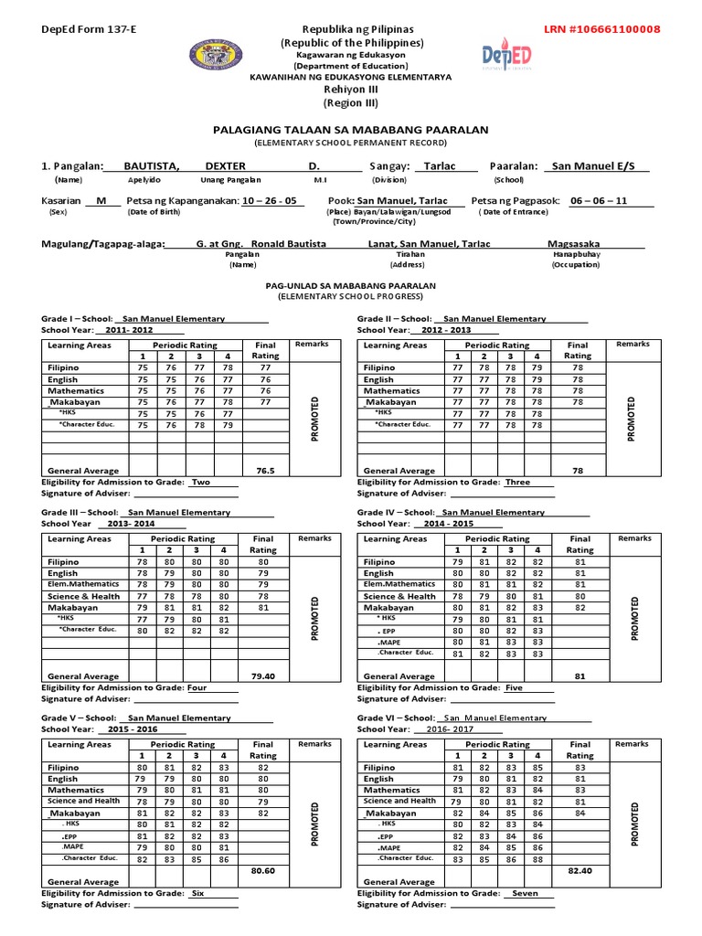 DepEd Form 137 (GRADE 5) SY - 2015-2016 SAMPLE | Download Free PDF ...