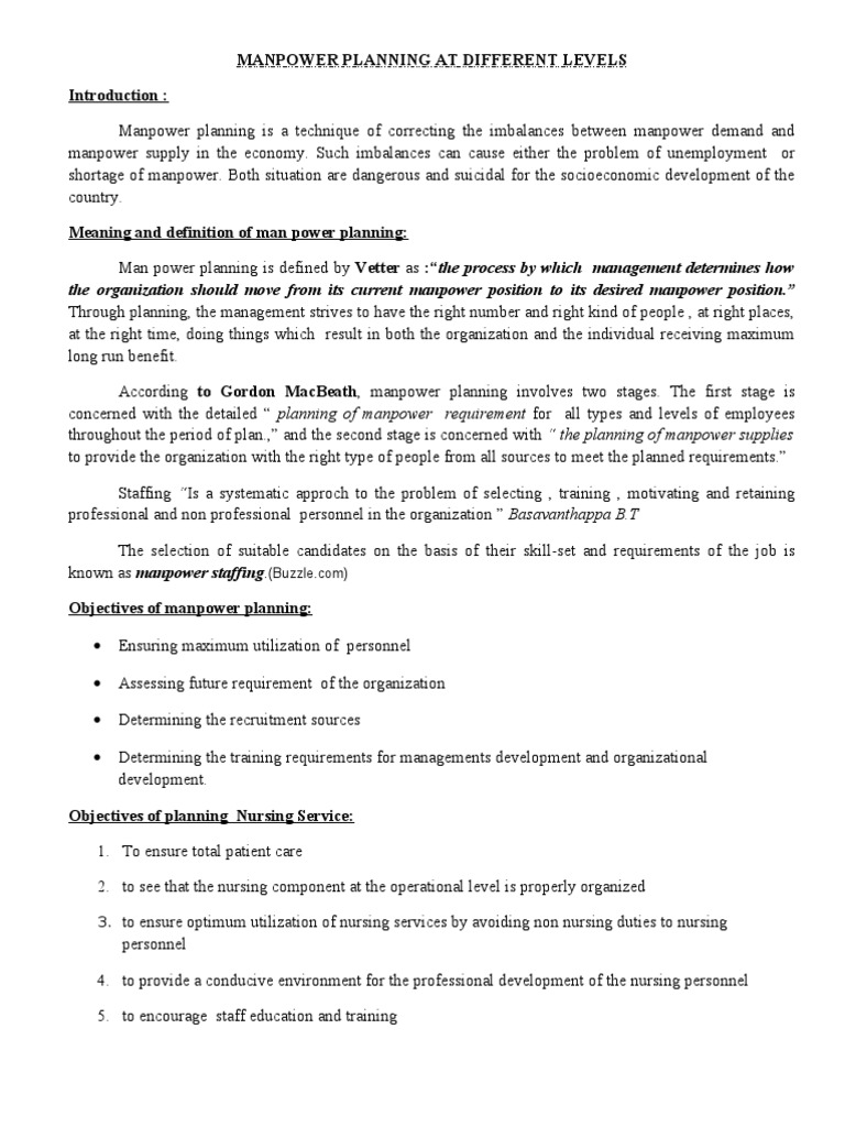 Manpower Planning at Different Levels | PDF | Human Resources | Employment