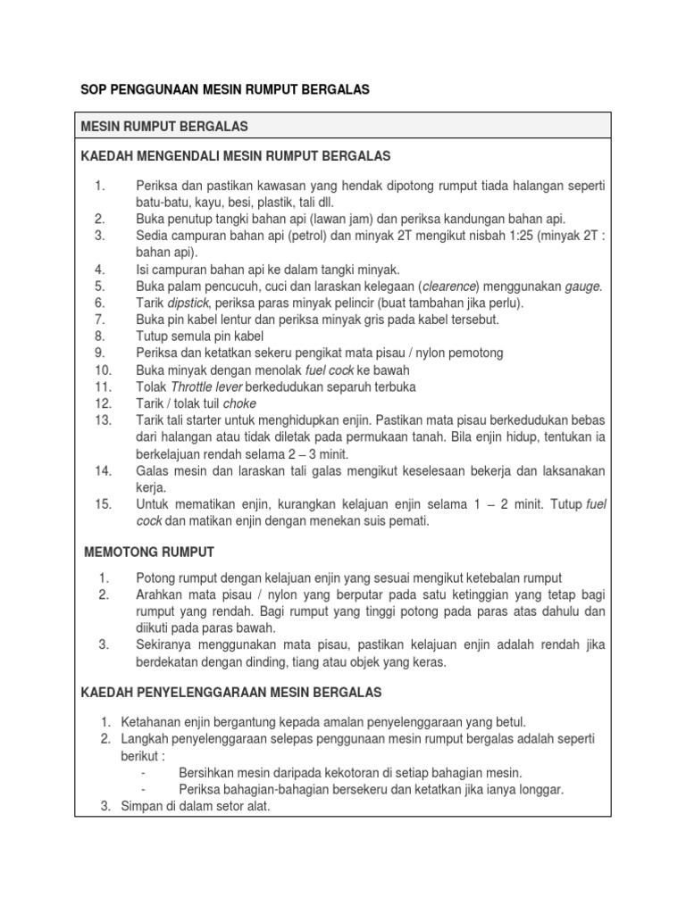 Sop Penggunaan Mesin Rumput Bergalas | PDF