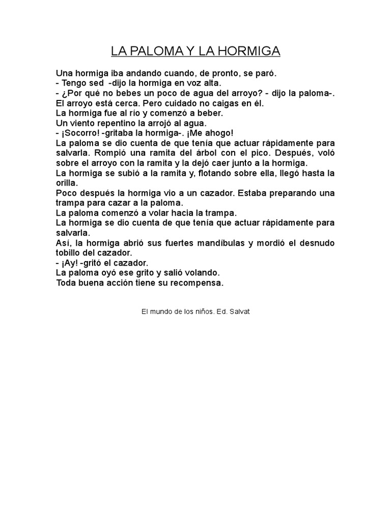 Fábula de la Paloma y la Hormiga | PDF | Hormiga | Lectura (proceso)