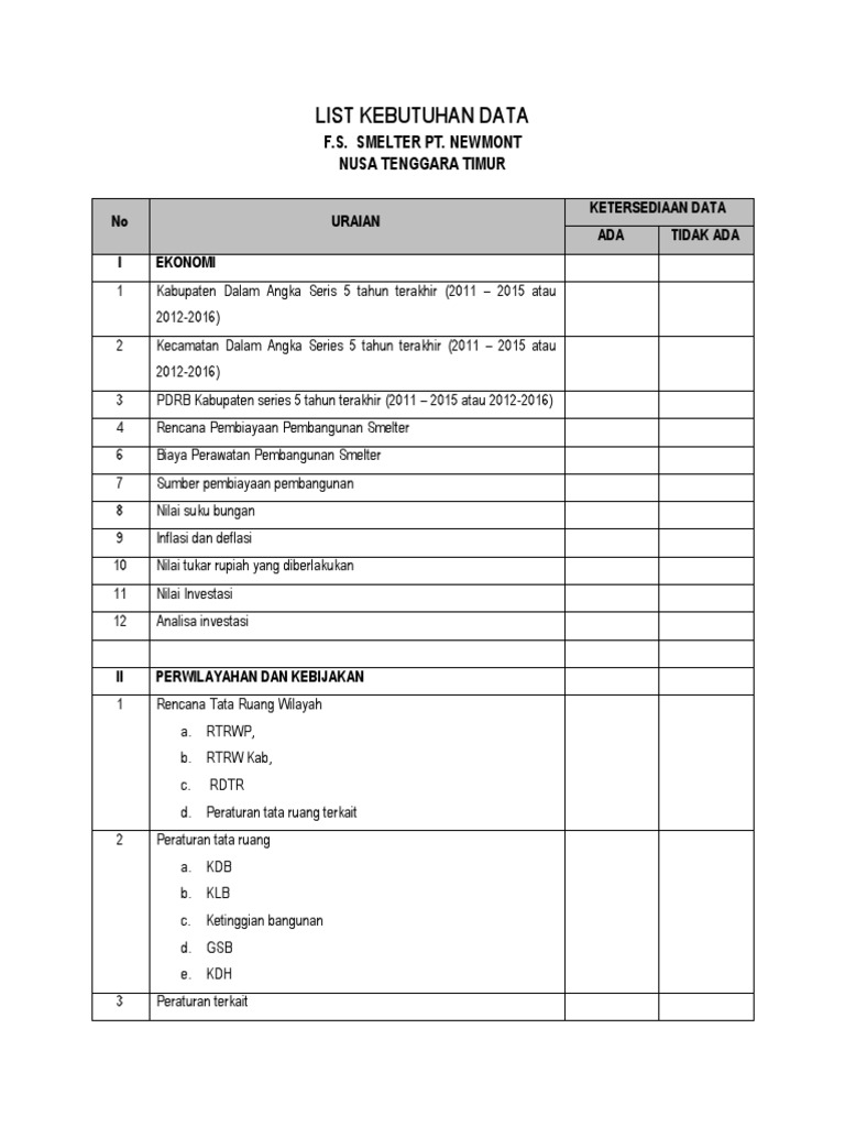 List Kebutuhan Data Sementara | PDF
