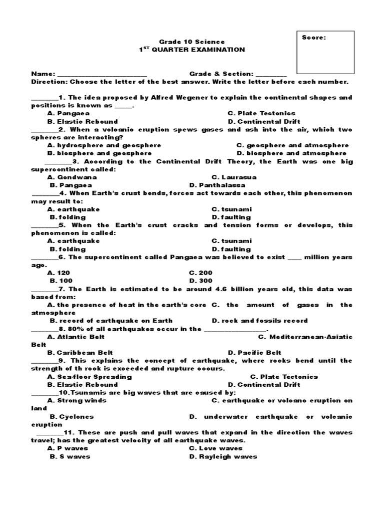 Analysis of a 10th Grade Science Exam Covering Earth Science Concepts ...