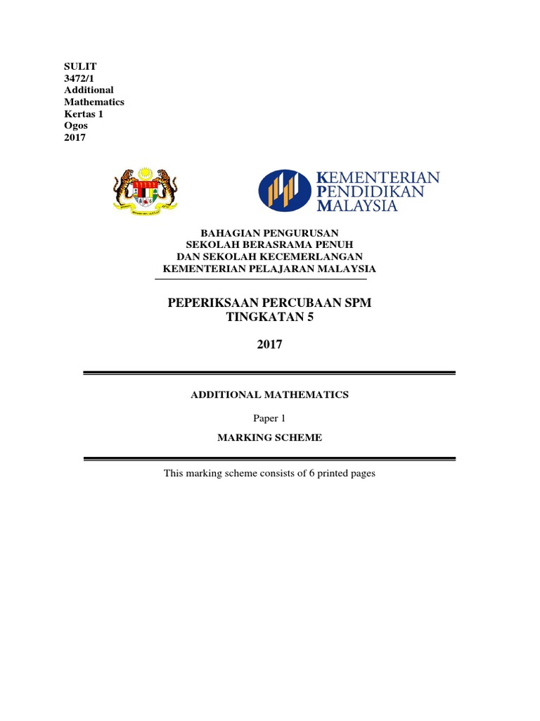 (Cikgujep - Com) SBP Add Maths P1 2017 Marking Scheme | PDF