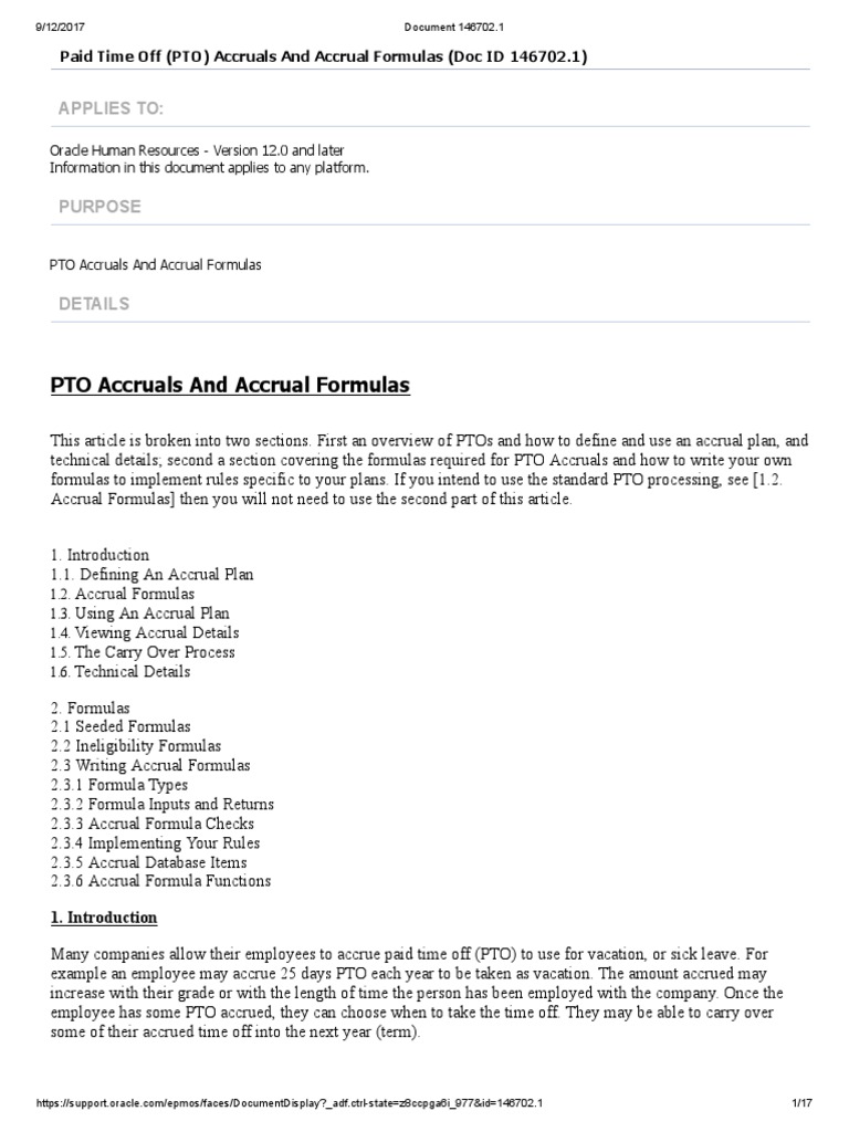 Paid Time Off (PTO) Accruals and Accrual Formulas (Doc ID 146702.1 ...