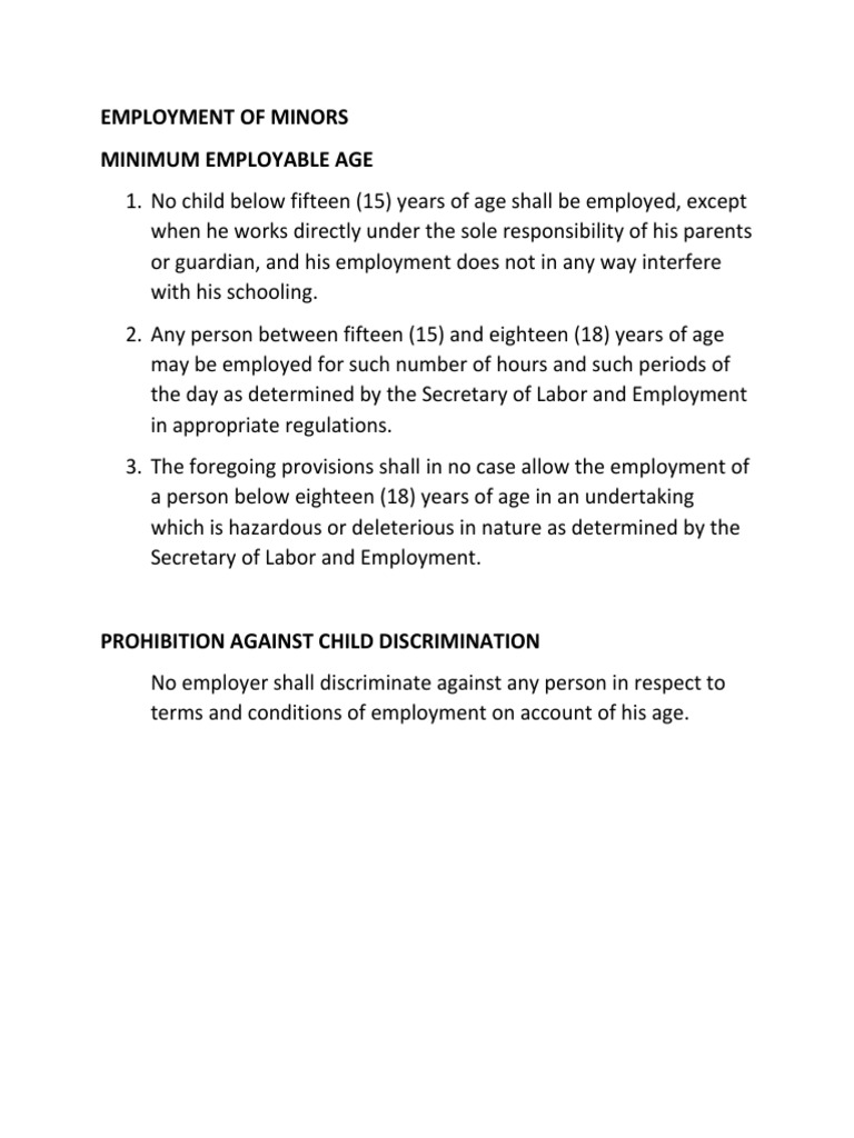 Employment of Minors Minimum Employable Age | PDF